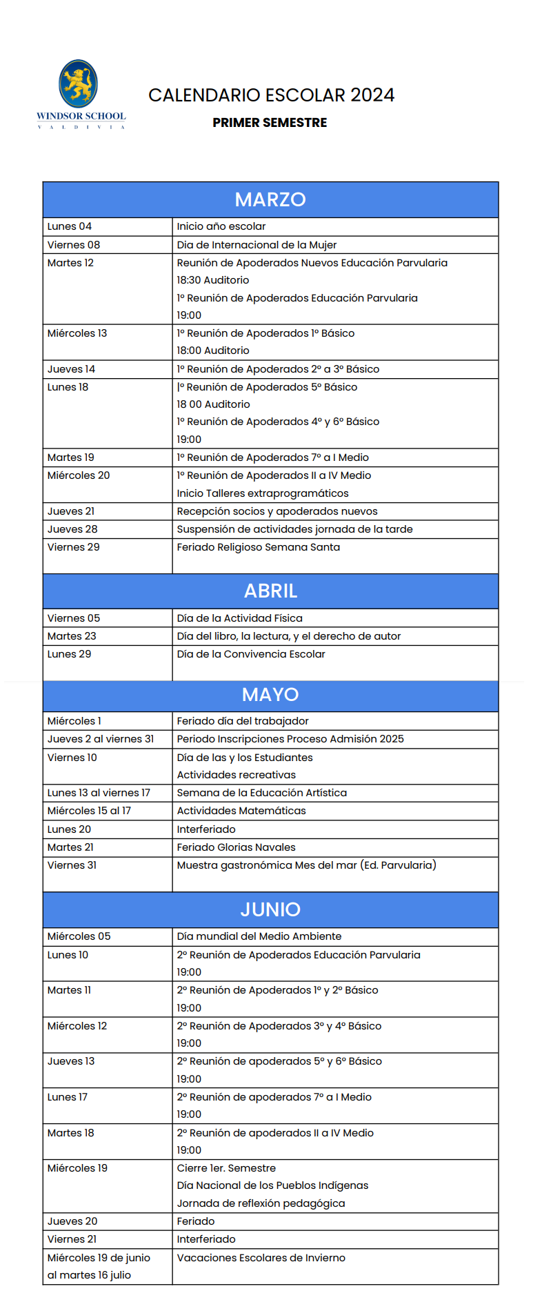 Calendario Escolar | Windsor School